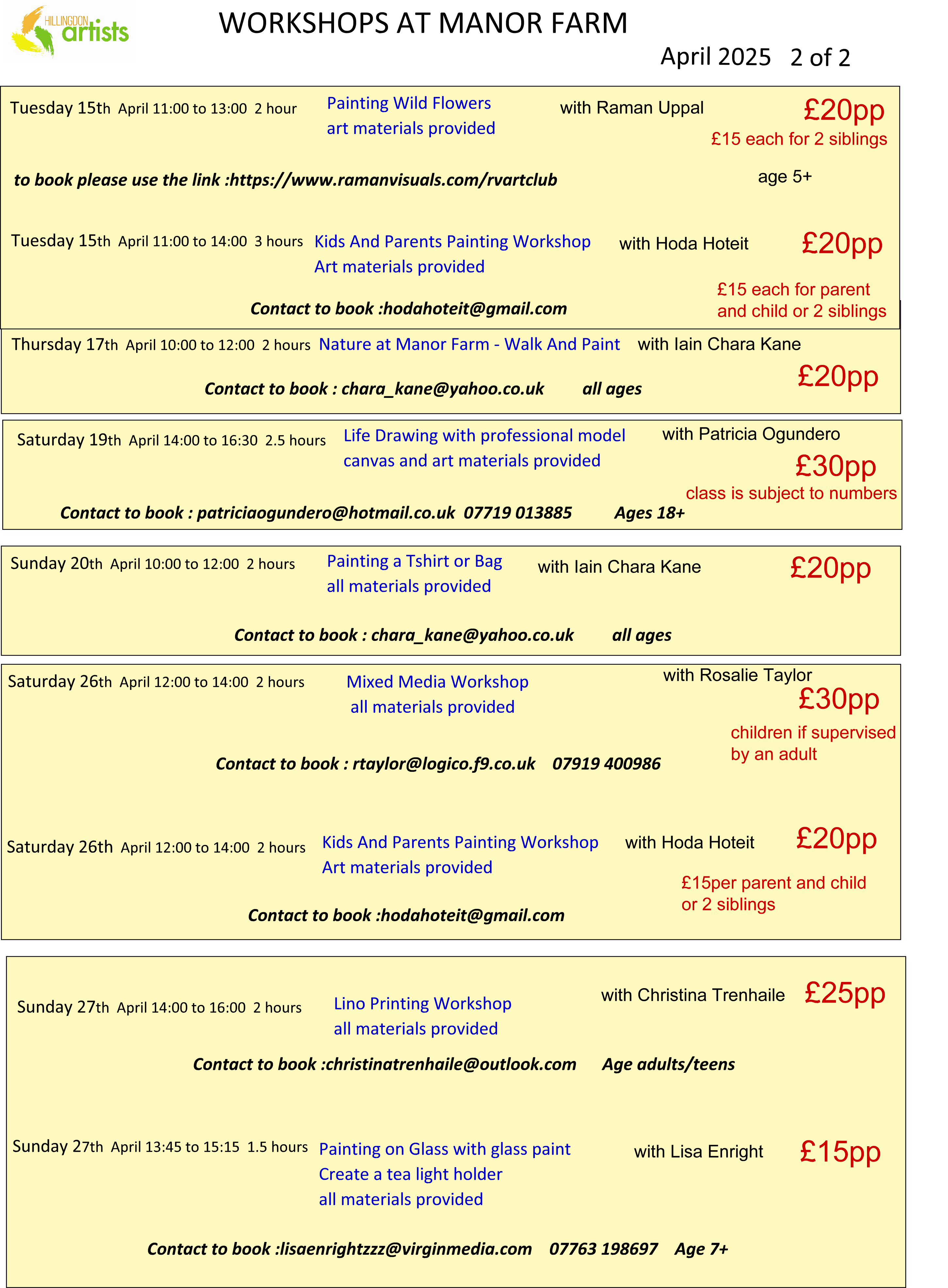 Workshop Schedule April 2025 Page 2 of 2 - Hillingdon Artists